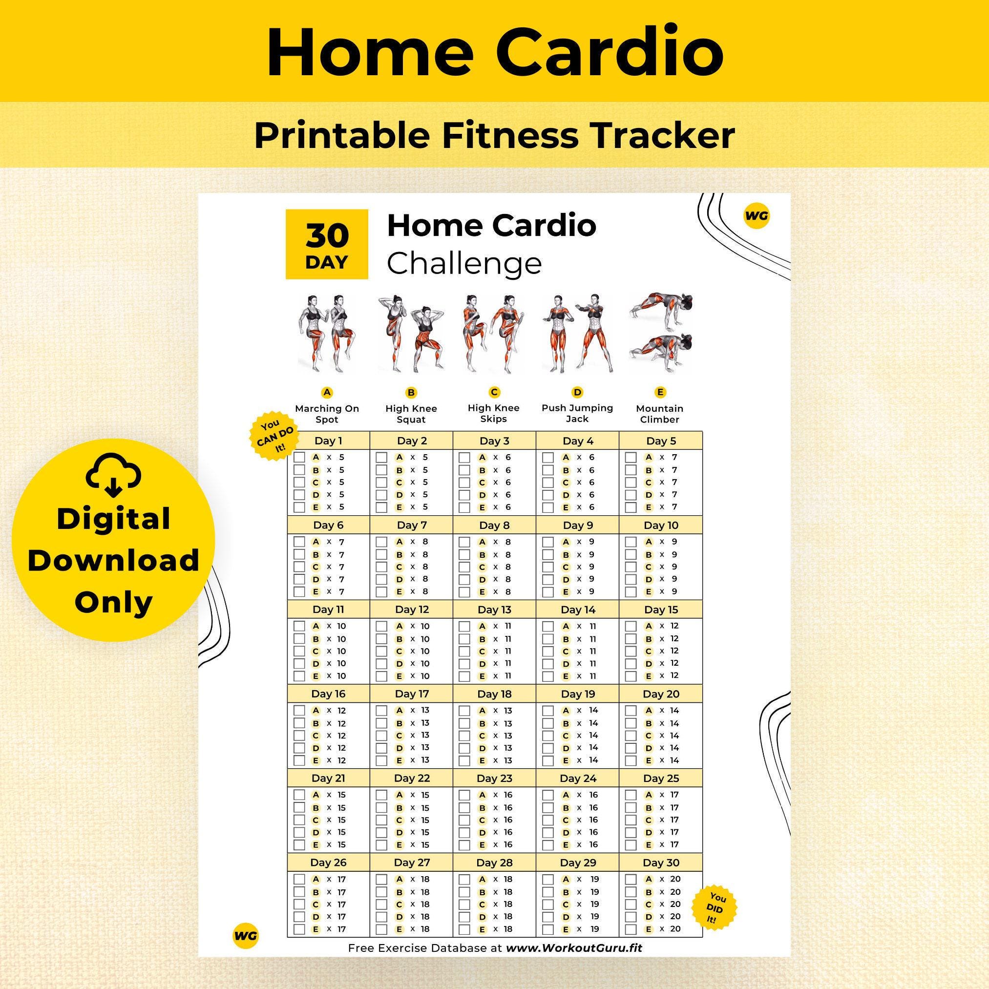 30 Day Home Cardio Challenge - Printable Workout Tracker. Cardio ...