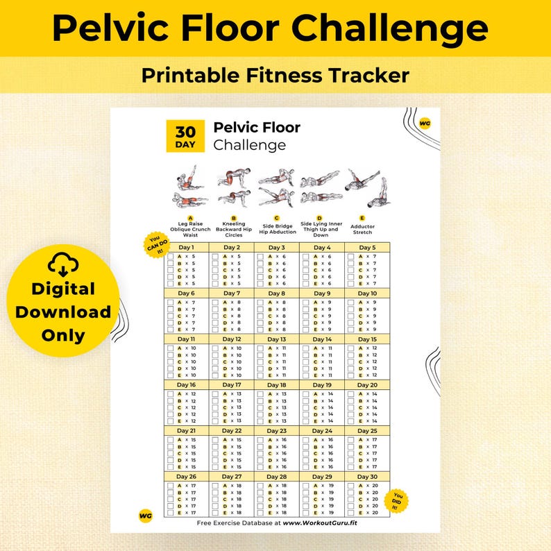 30 Day Pelvic Floor Challenge - Printable Workout Tracker. Pelvic Floor Health, Pelvic ...