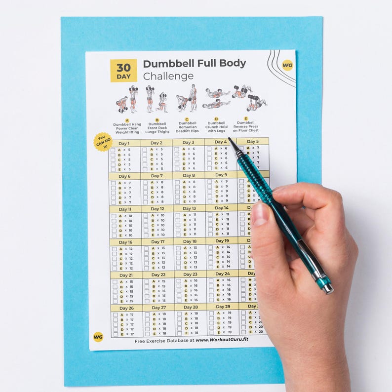 30 Day Dumbbell Full Body Challenge - Printable Workout Tracker. Home ...