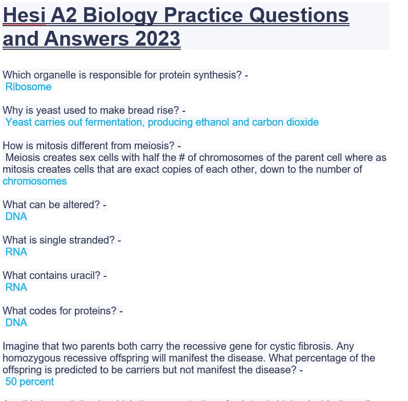 Hesi A2 Biology Practice Questions and Answers 2023 - Etsy