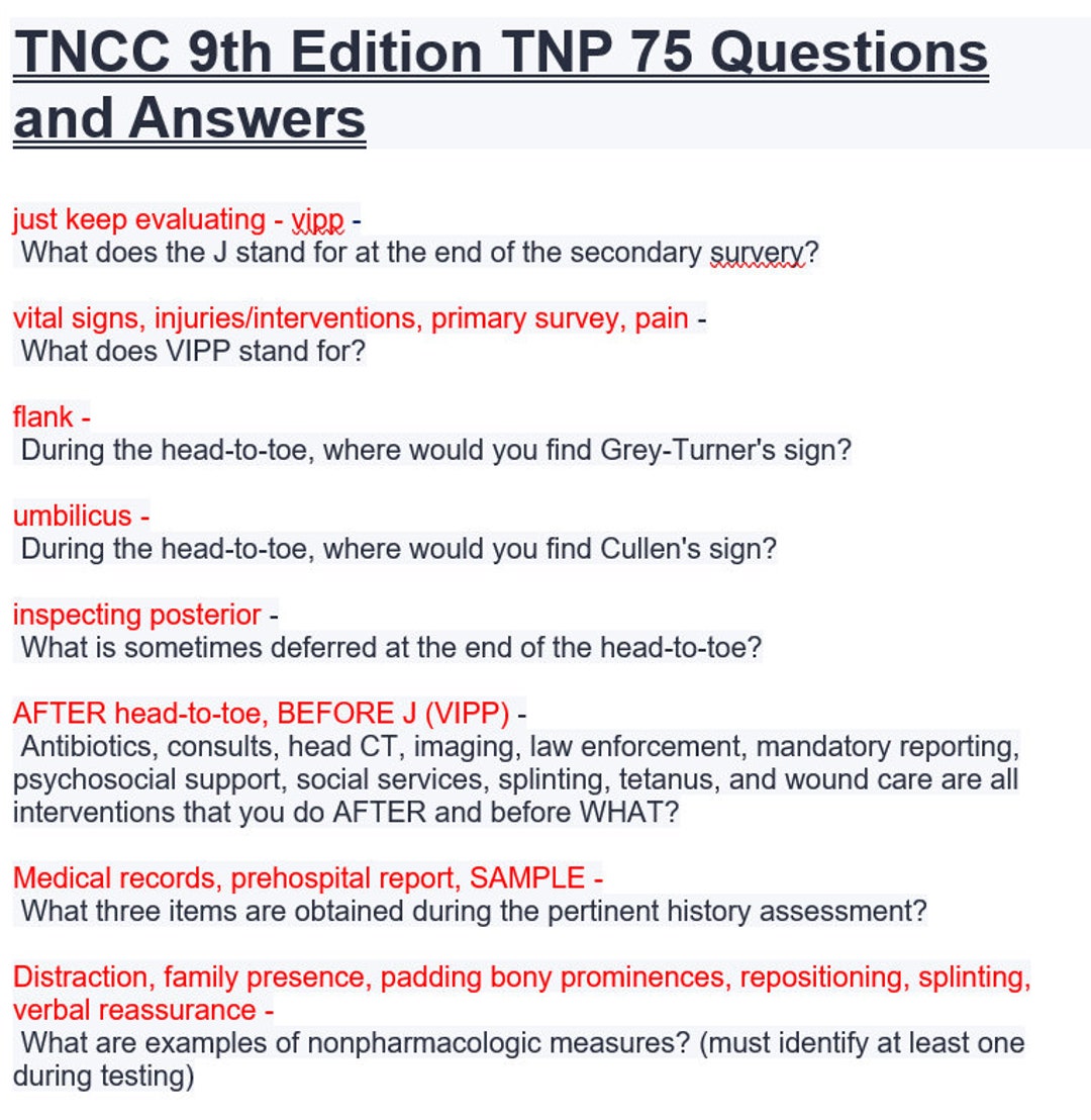 TNCC 9th Edition TNP 75 Questions and Answers - Etsy