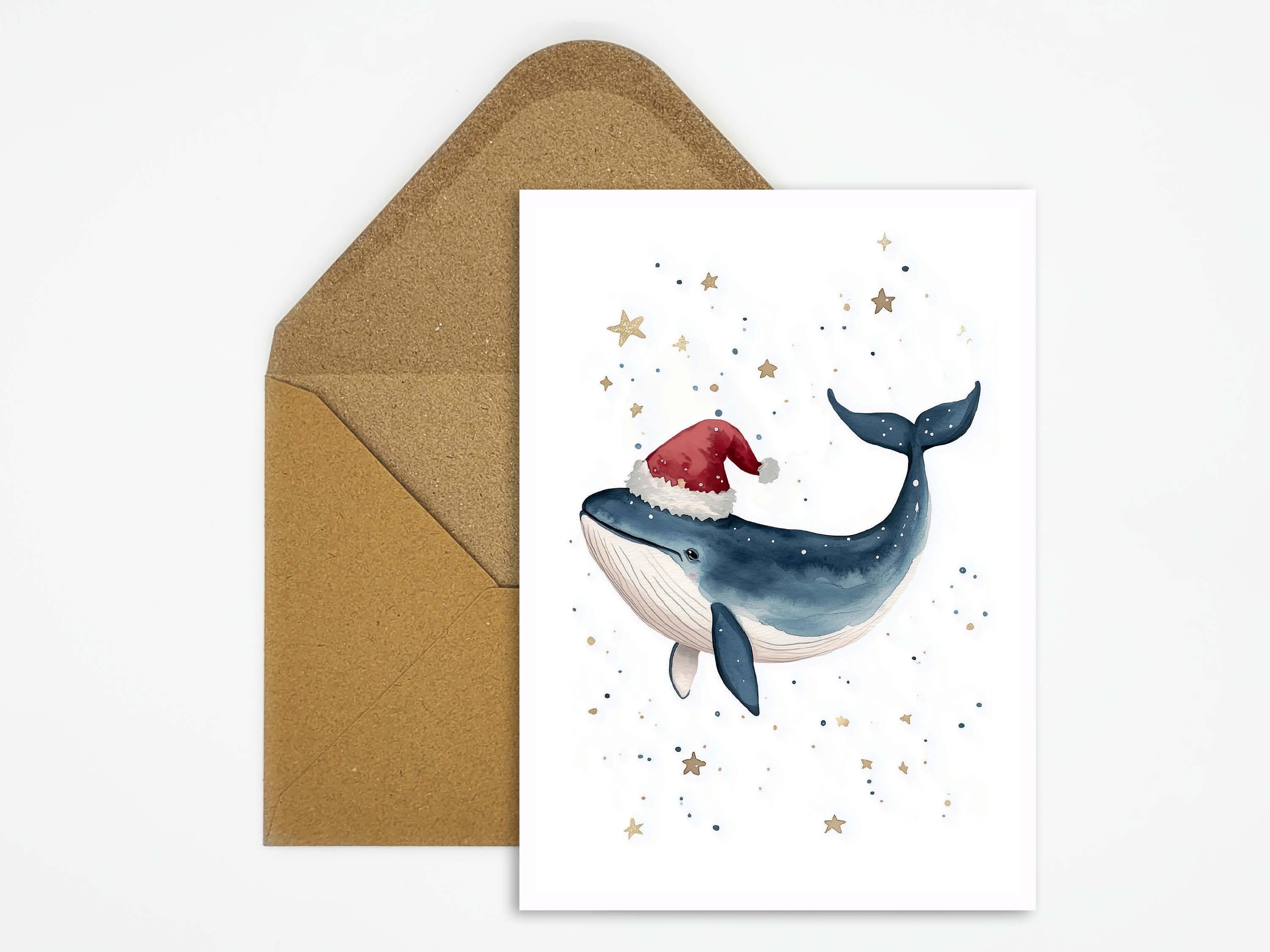 Christmas Card, Watercolor Postcard – Cute Blue Whale Wearing a Santa ...