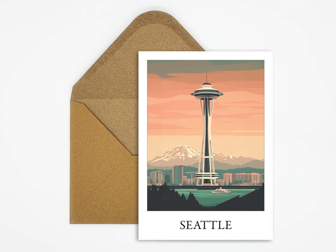 Seattle, USA Travel Postcard With Beautiful Space Needle Illustration ...