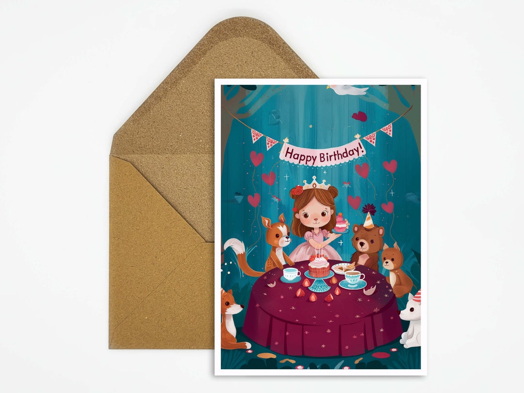 Happy Birthday Card Tea Party, Birthday Card Girl, Invitation Animals ...