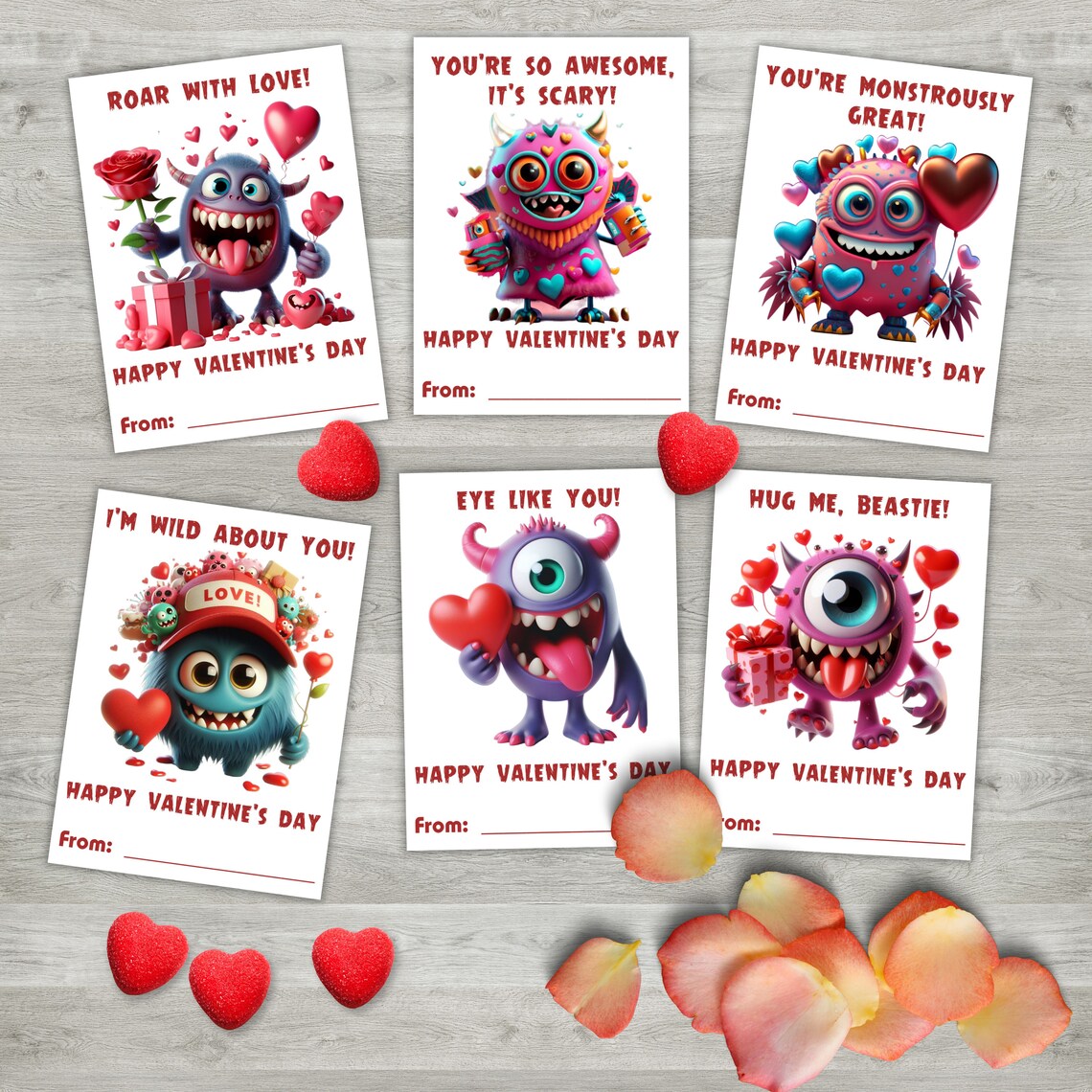 Printable Monster-themed Valentine's Day Cards for Kids, Classroom ...