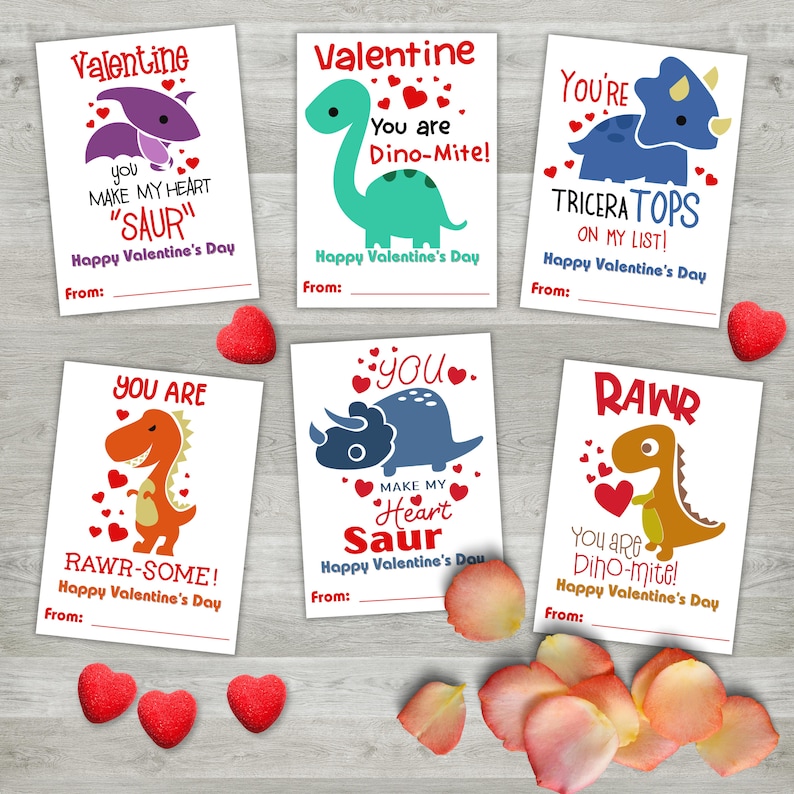 Printable Dinosaur Valentine's Day Cards for Young Kids, Classroom ...