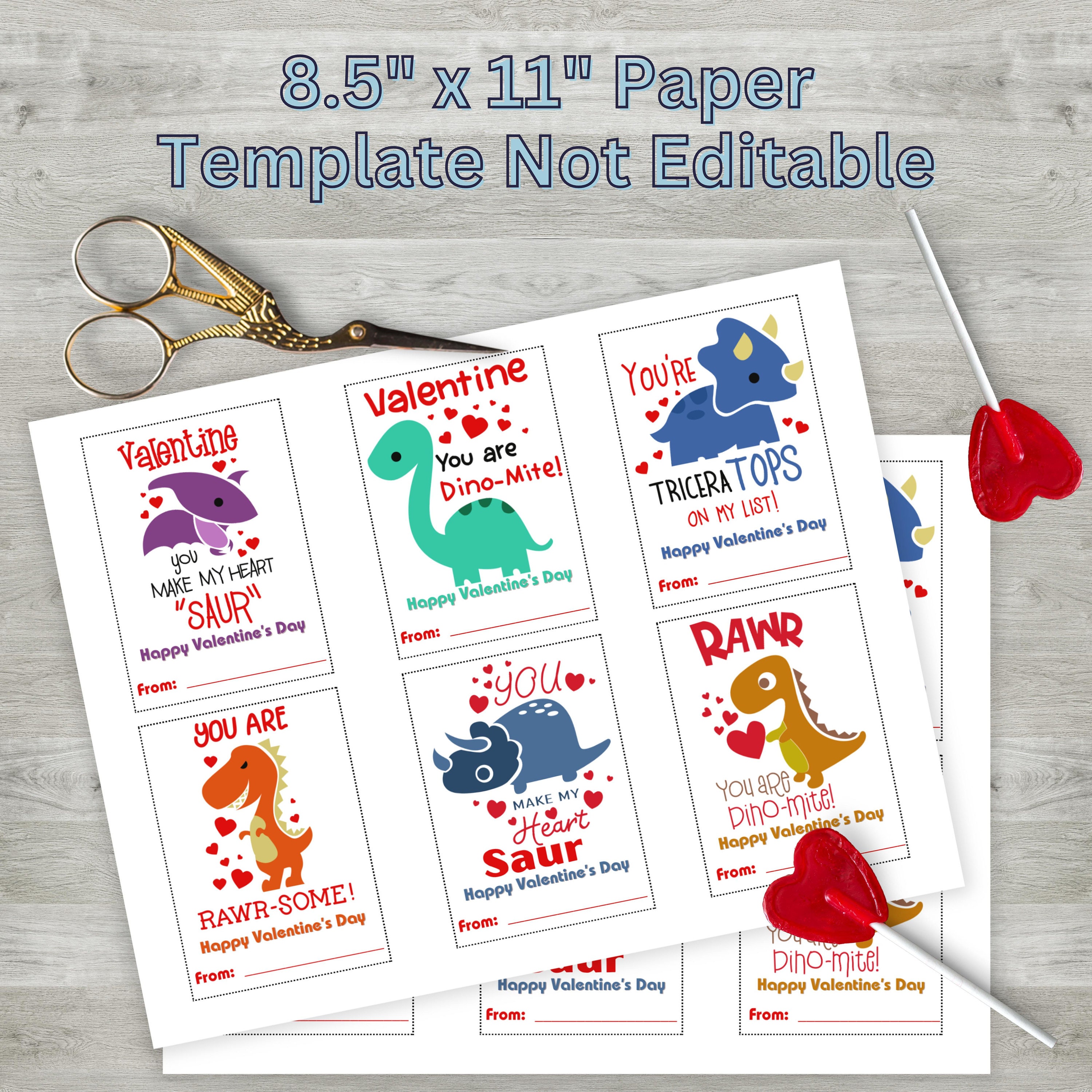 Printable Dinosaur Valentine's Day Cards for Young Kids, Classroom ...