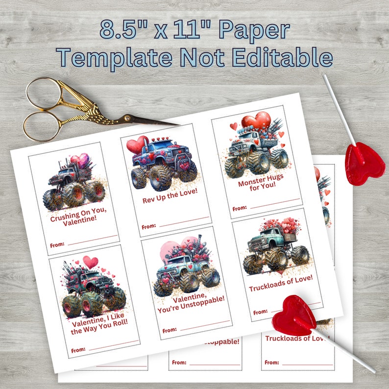Printable Monster Truck Valentine's Day Cards for Kids, Classroom ...