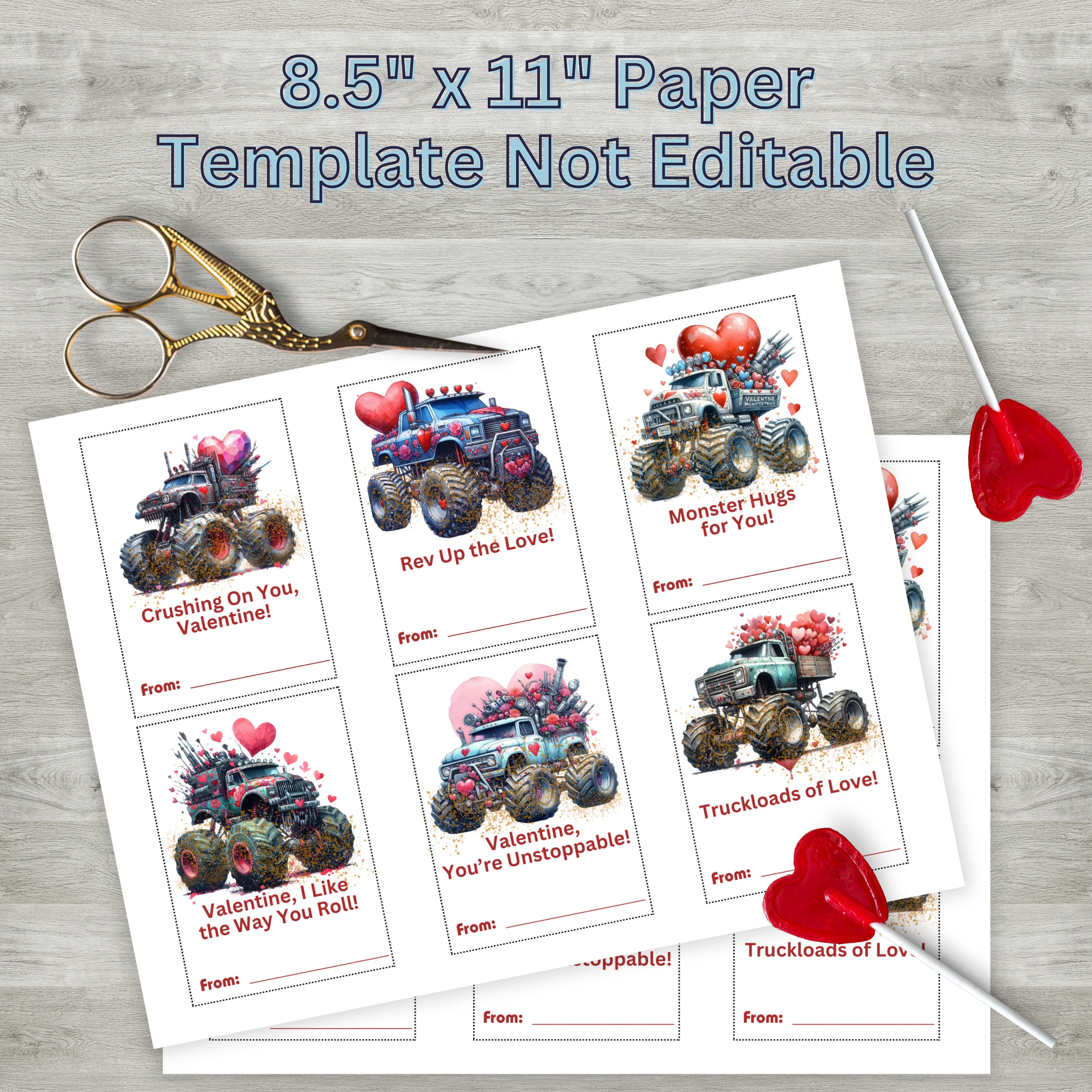 Printable Monster Truck Valentine's Day Cards for Kids, Classroom ...