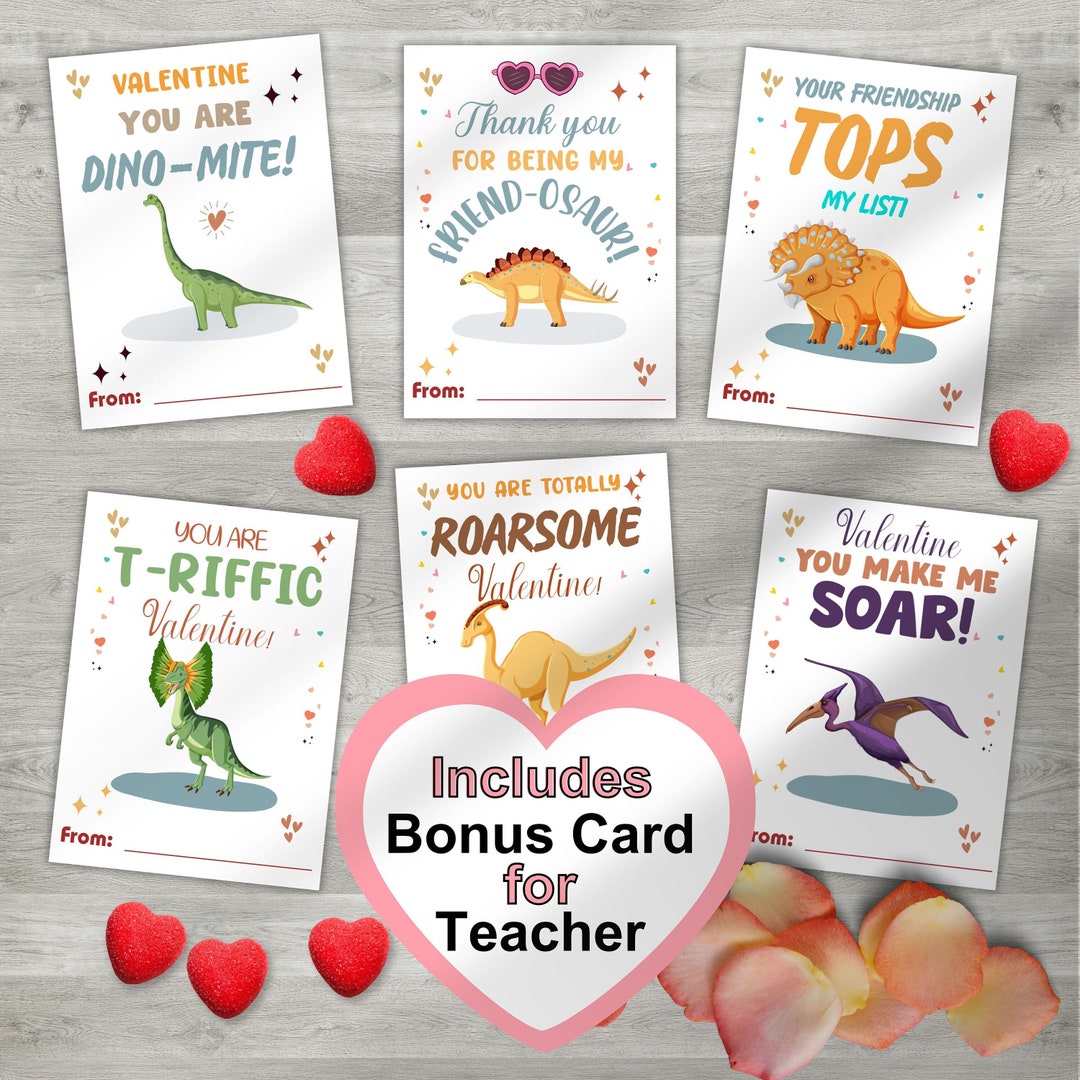 Printable Dinosaurs-themed Valentine's Day Cards for Kids, Classroom ...