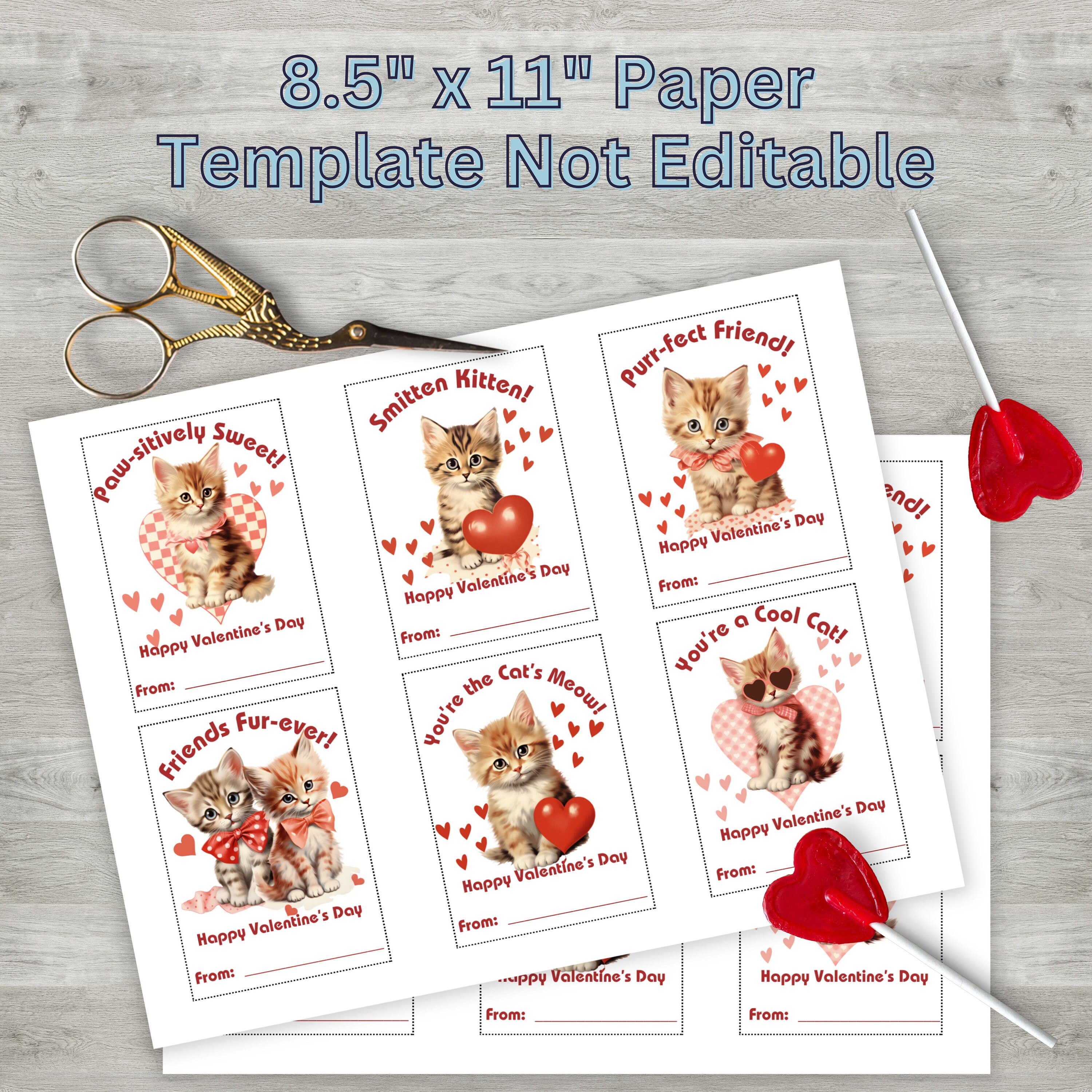 Printable Kitten-themed Valentine's Day Cards for Kids, Classroom ...