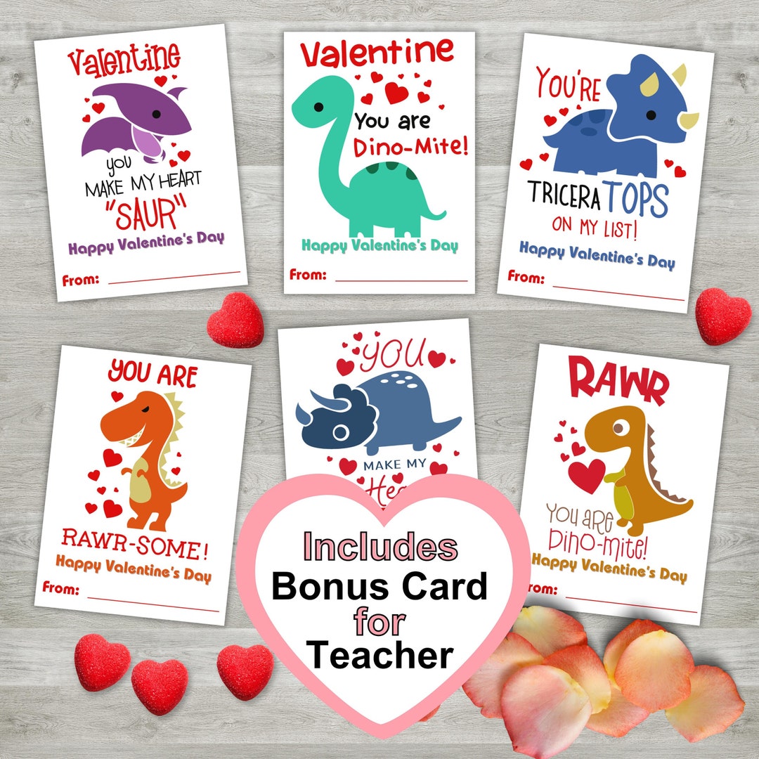 Printable Dinosaur Valentine's Day Cards for Young Kids, Classroom ...
