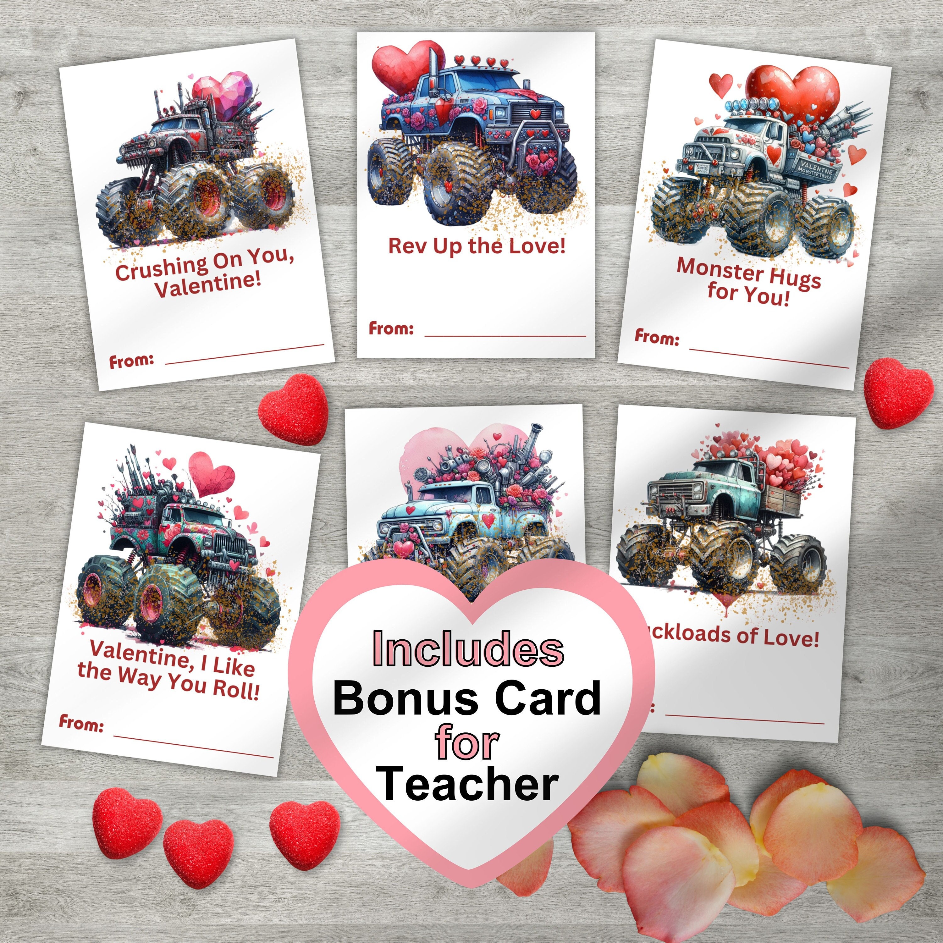 Printable Monster Truck Valentine's Day Cards for Kids, Classroom ...