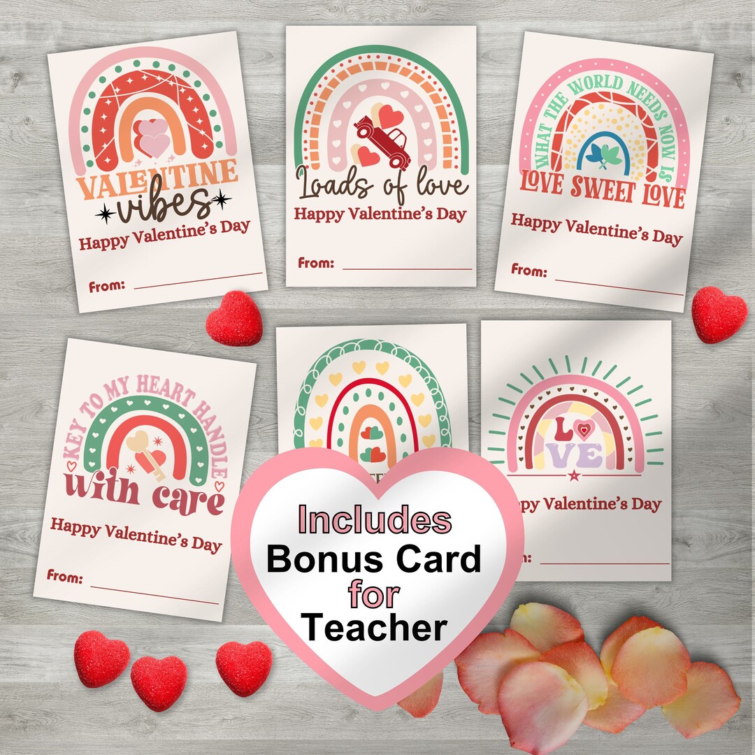 Printable Boho Rainbow Themed Valentine's Day Cards for Kids, Classroom ...