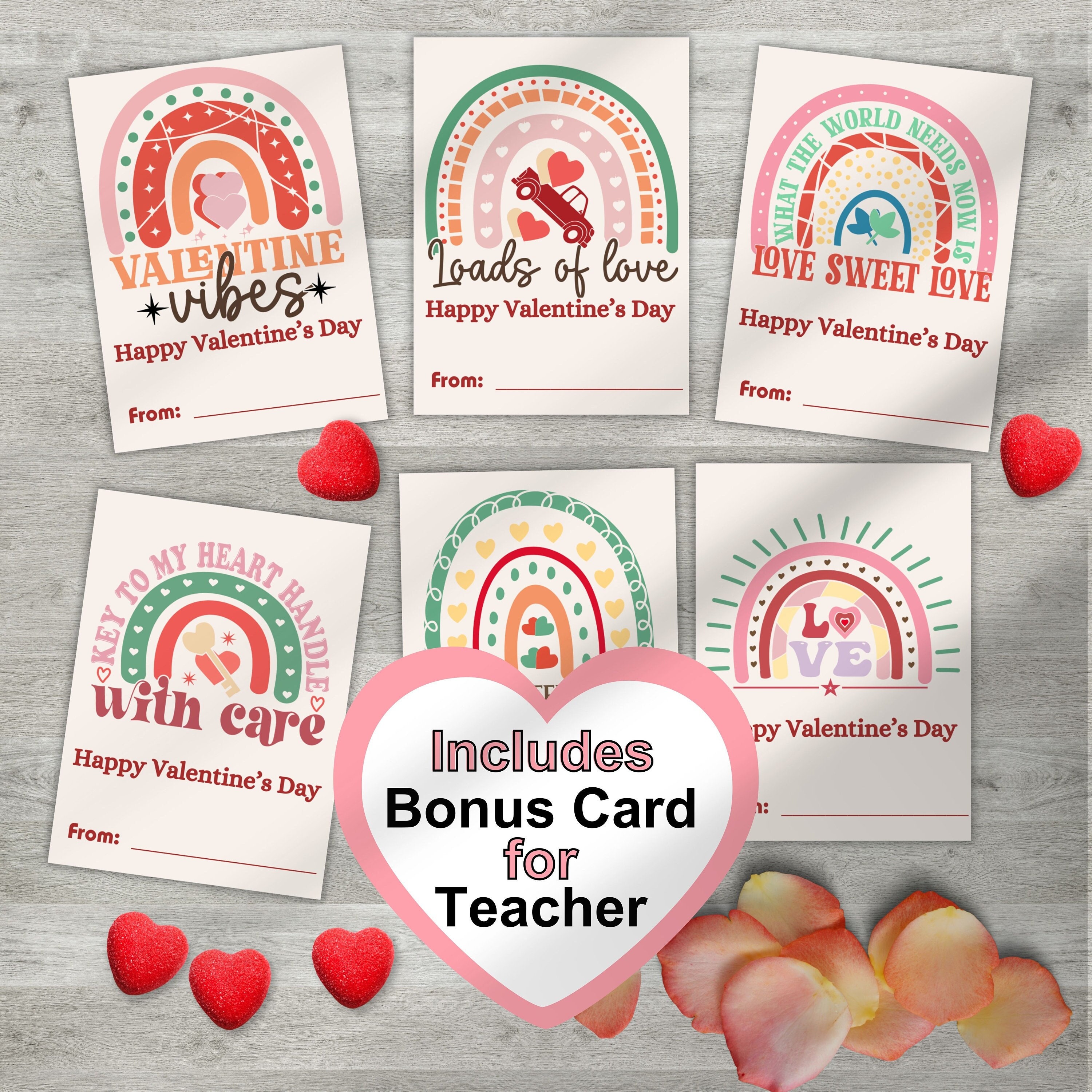 Printable Boho Rainbow Themed Valentine's Day Cards for Kids, Classroom ...