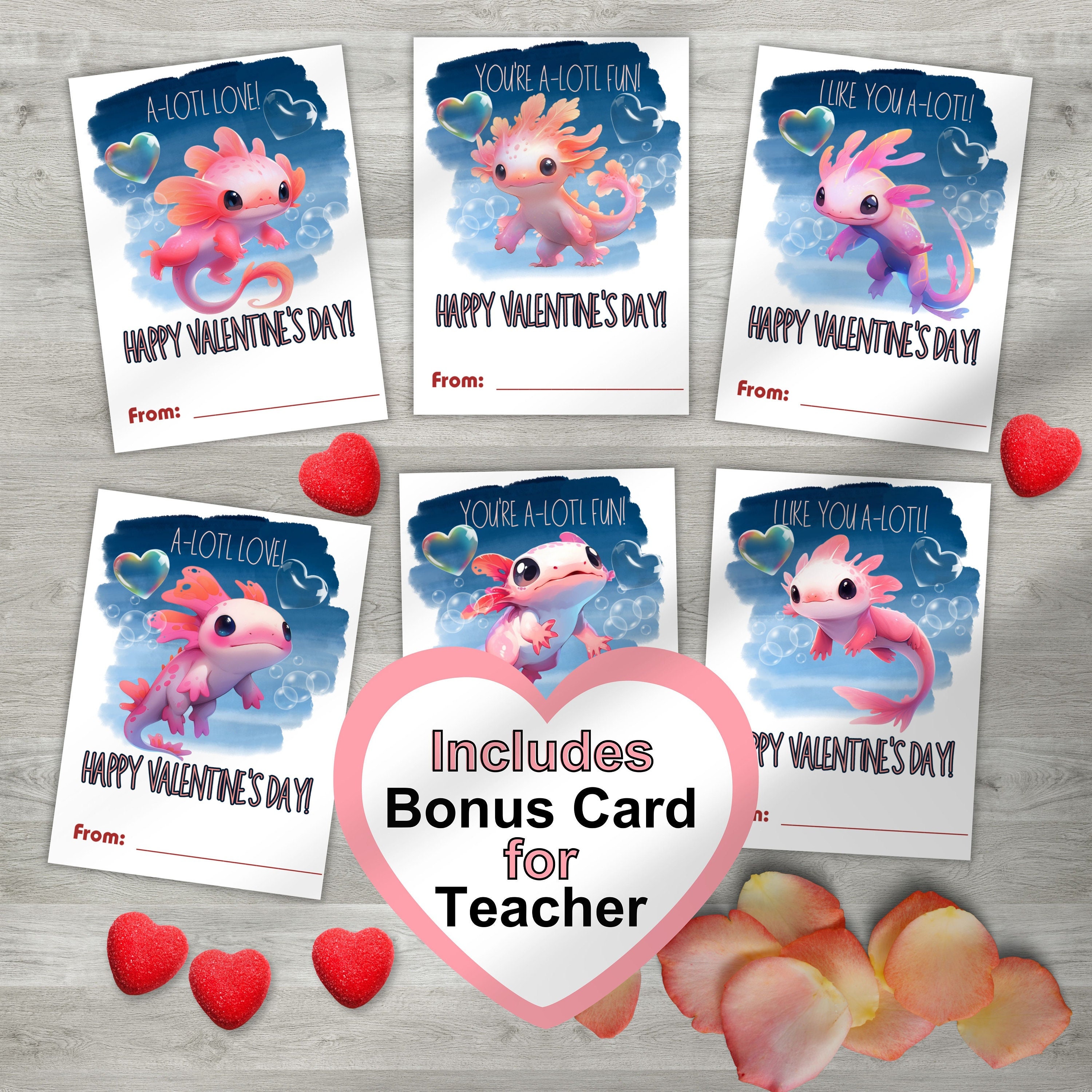 Printable Axolotl Valentine's Day Cards for Kids, Classroom Valentine ...