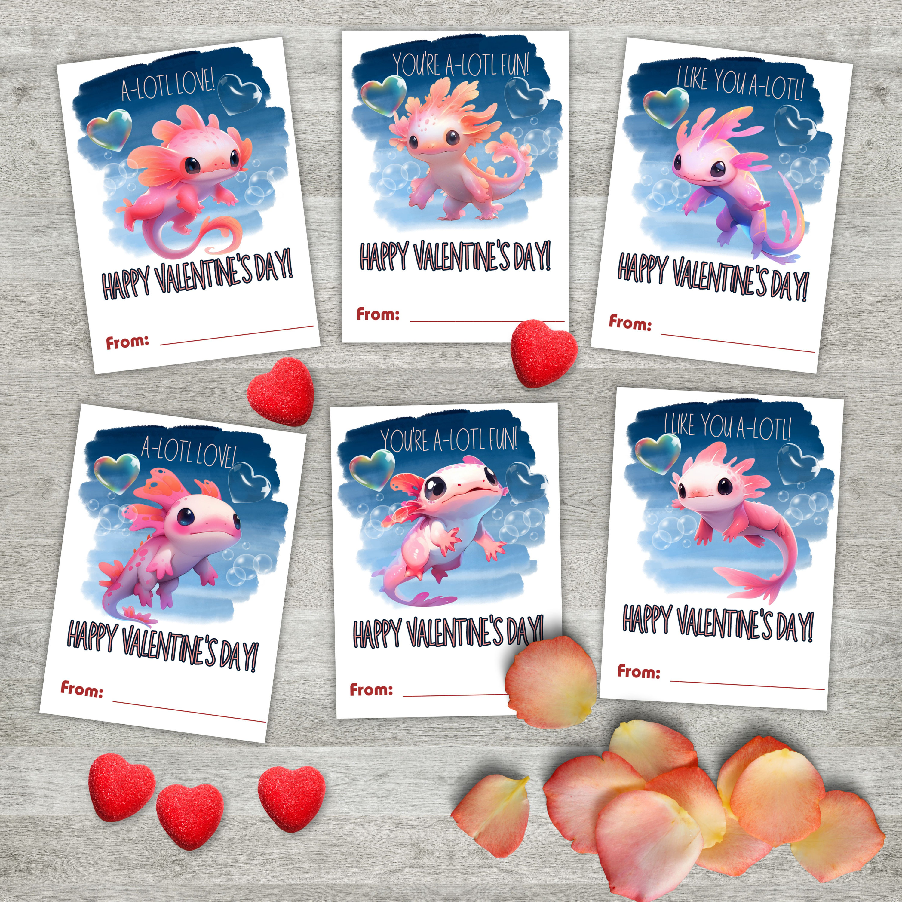 Printable Axolotl Valentine's Day Cards for Kids, Classroom Valentine ...