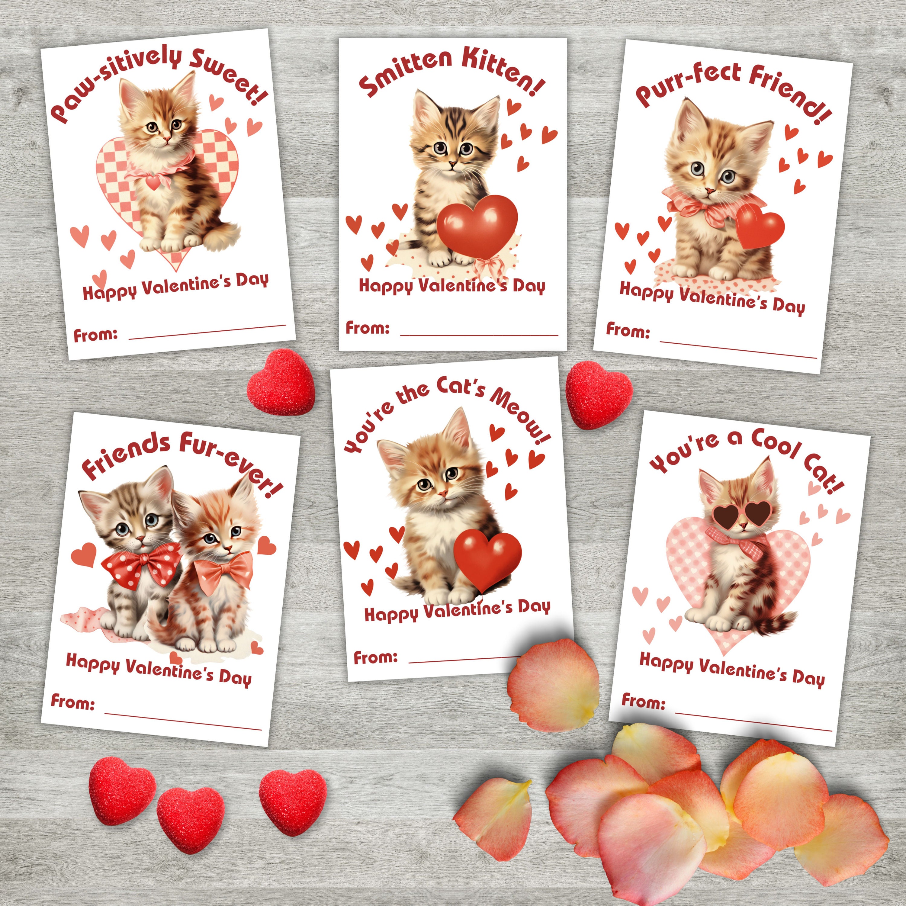 Printable Kitten-themed Valentine's Day Cards for Kids, Classroom ...