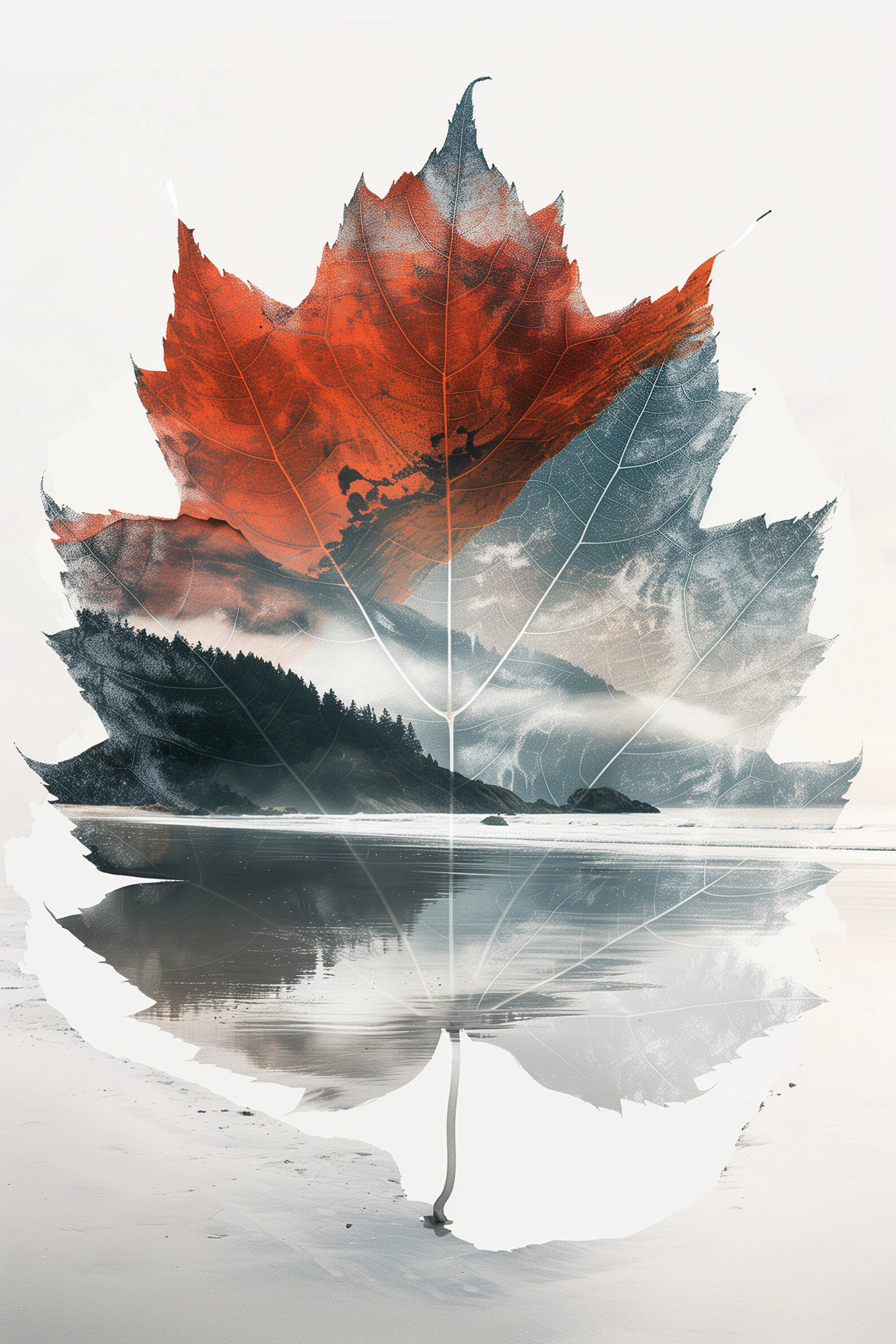 Double Exposure: Red Maple Leaf and Mountain Landscape by the Lake ...