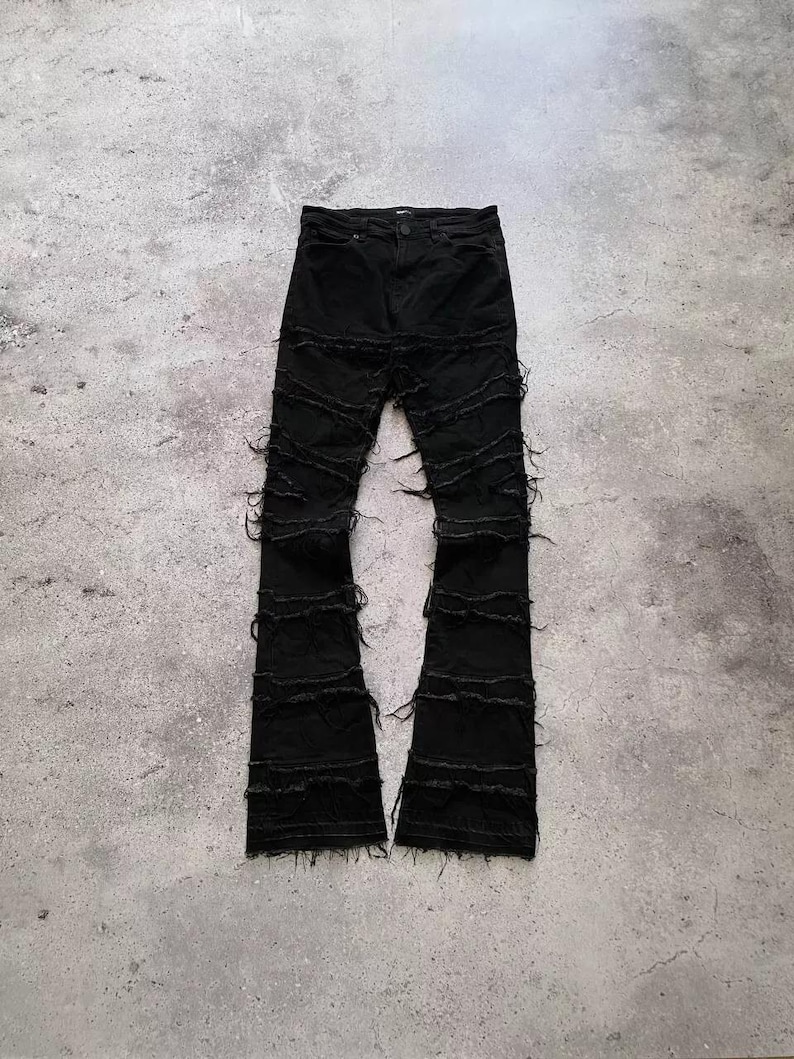 Vintage Distressed Frayed Stacked Flared Fit Black Jeans - Etsy