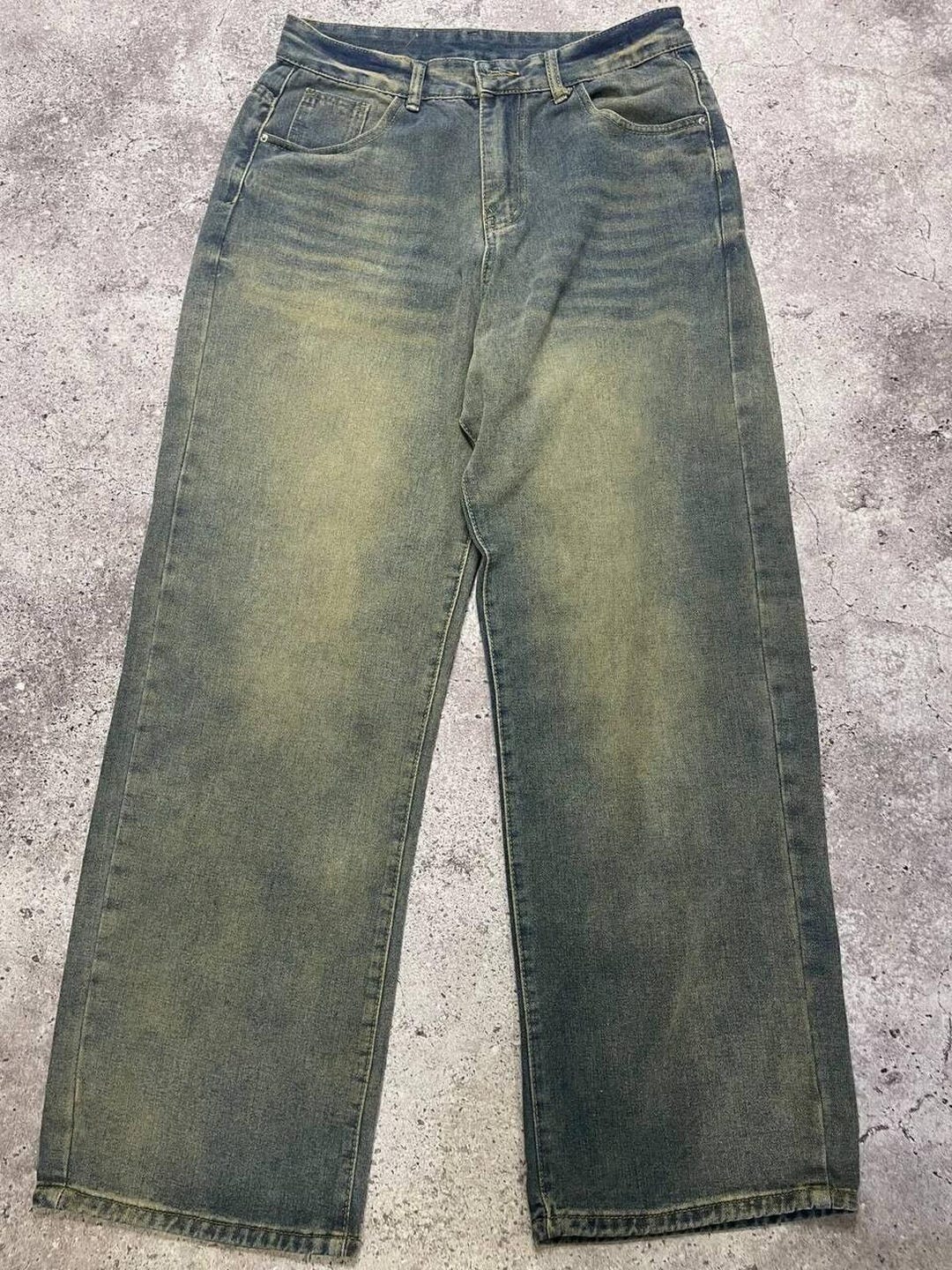 Vintage Washed Green Denim Jeans High Waist Wide Leg Straight Fit ...