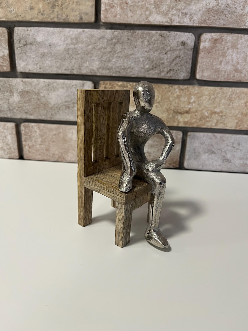 Abstract Sitting Man Sculpture – Modern Metal and Wood Figurine ...