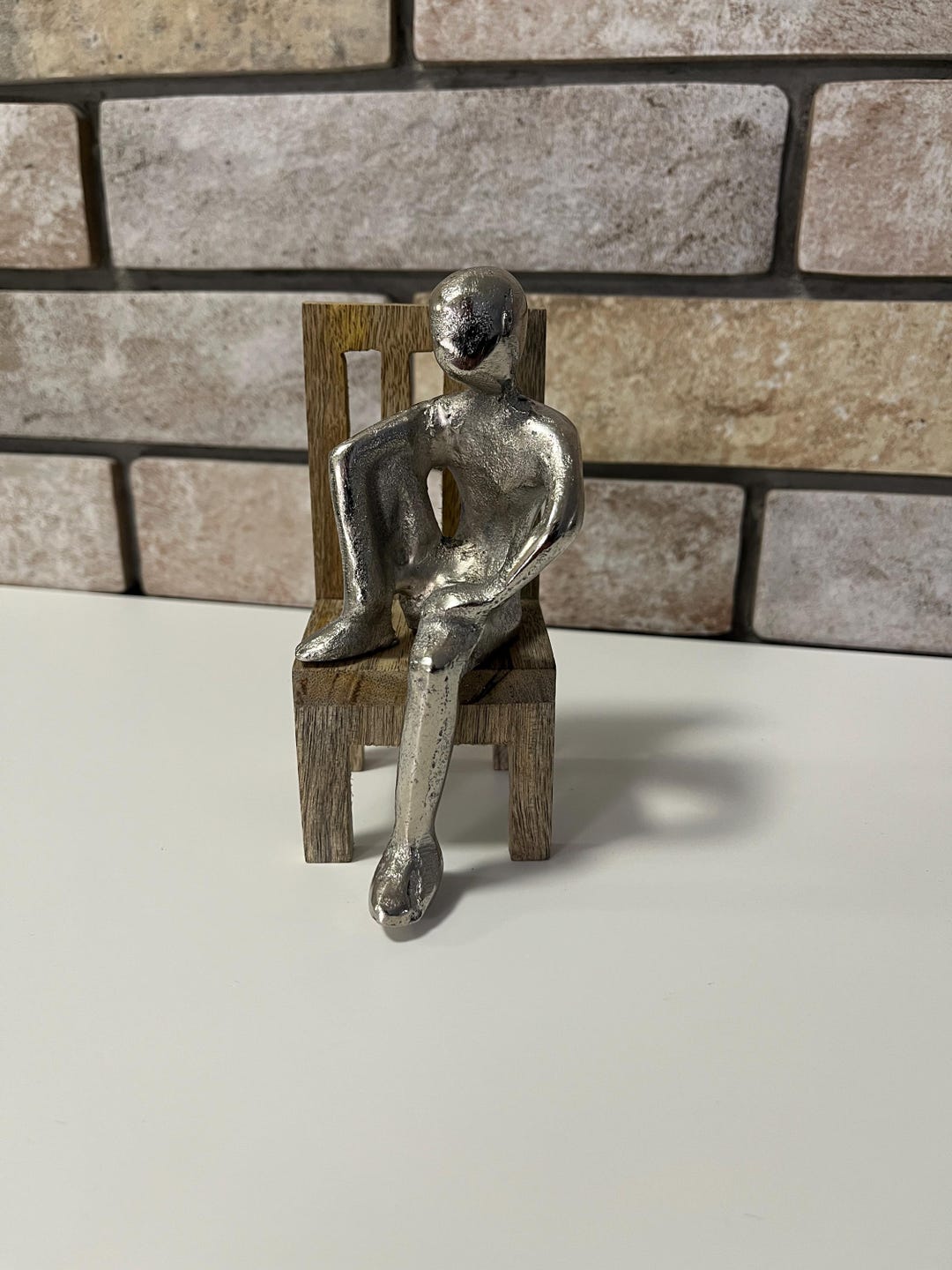 Abstract Sitting Man Sculpture – Modern Metal and Wood Figurine ...
