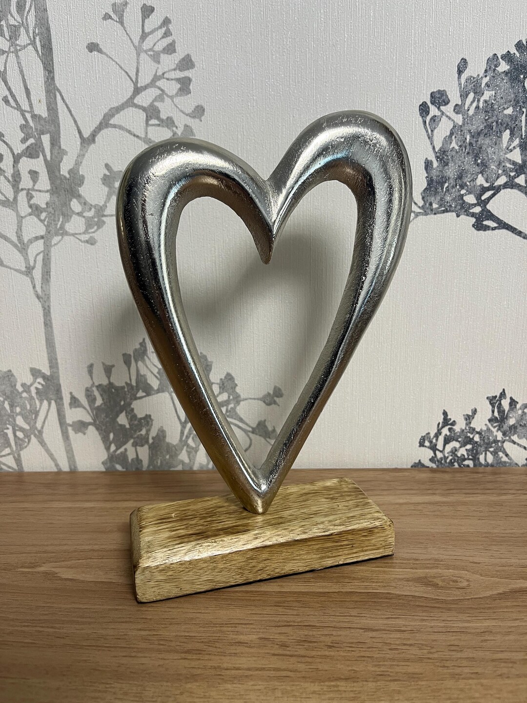 Metal Heart Sculpture – Silver Romantic Figurine on Wooden Base, Love ...