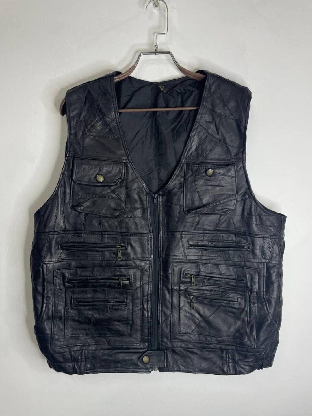 Vintage Black Leather Utility Vest With Multi Pockets & Zipper Closure ...