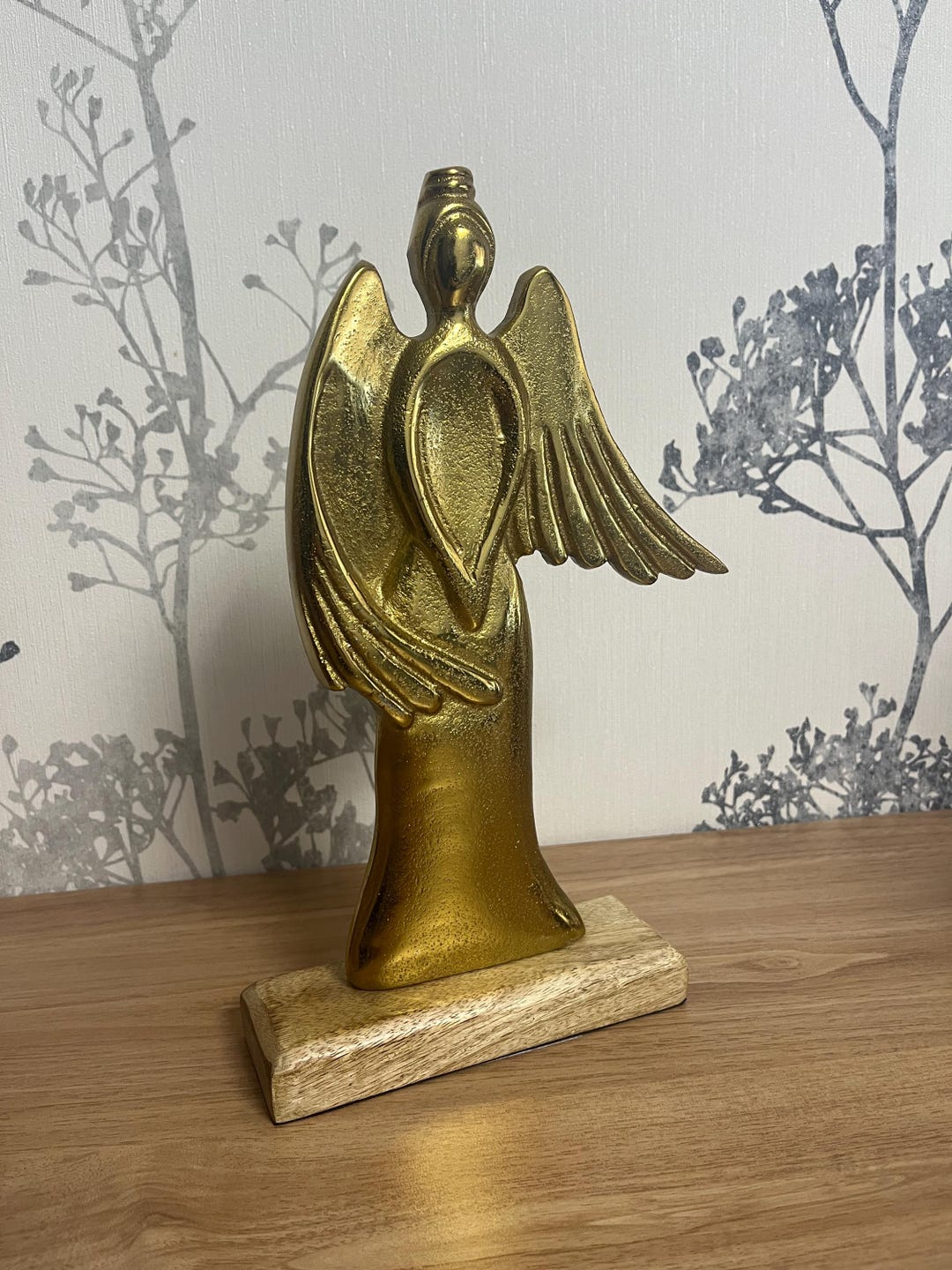Gold Angel Sculpture – Handcrafted Metal and Wood Figurine, Guardian ...