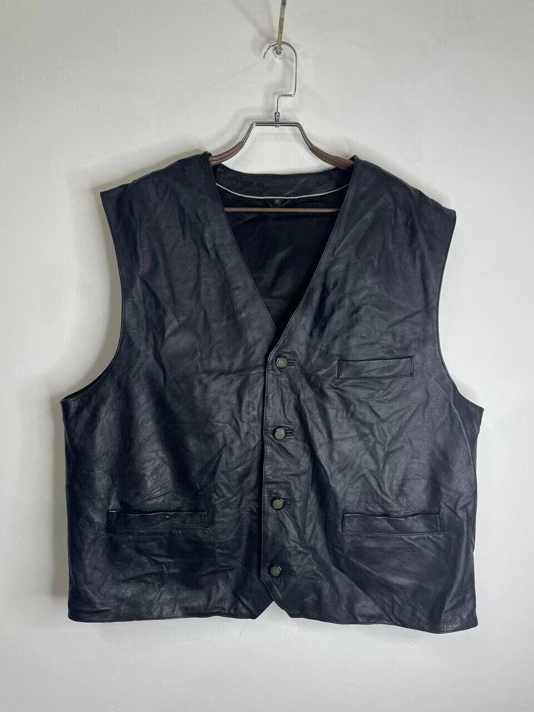 Vintage Black Leather Vest – Multi-pocket Button Closure – Size XL - Etsy