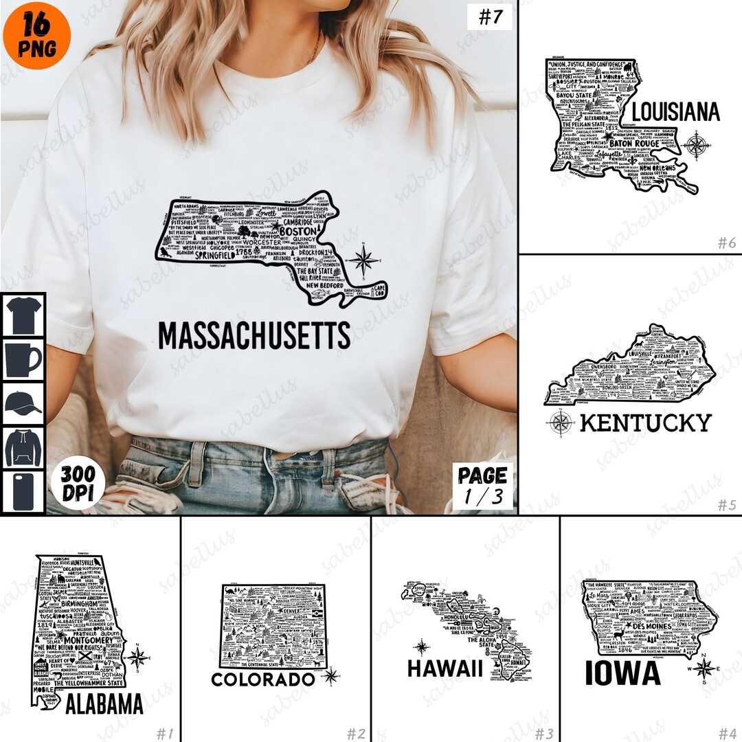 State Map Sublimation Design, State Outline PNG Bundle, USA State ...