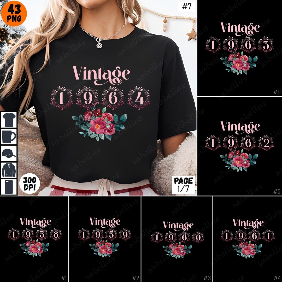 Vintage Birthday PNG, Birth Year Design, Floral Birth Year Bundle ...