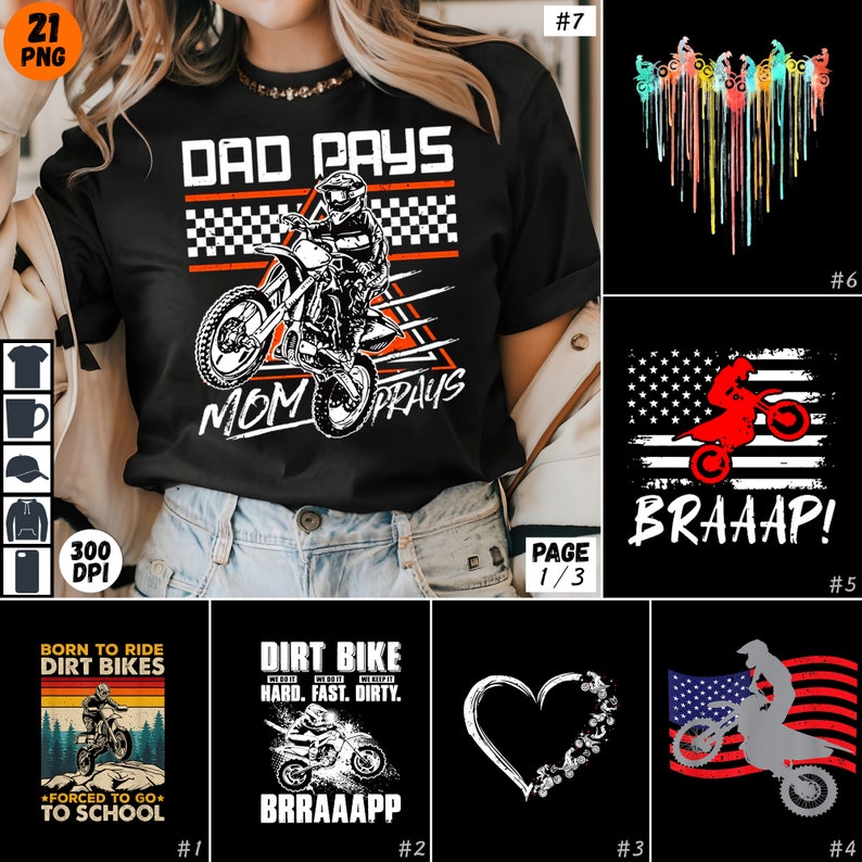 Dirt Bike PNG Bundle, Dirt Bike Heart Sublimation Shirt, Born to Ride Design, USA Flag Braaap ...