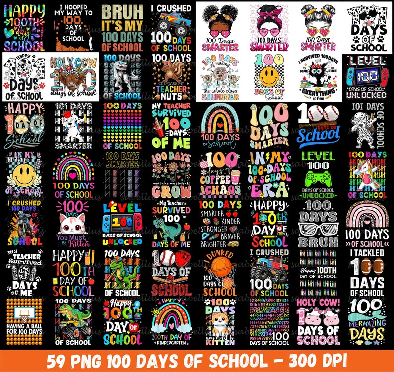 100 Days of School Png Bundle, Happy 100 Days of School, 100 Days ...