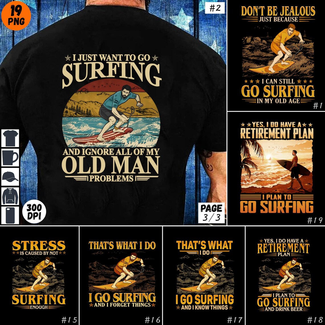 Surfing Old Man PNG Bundle, Surfing Retirement Plan PNG, Funny Surfing ...