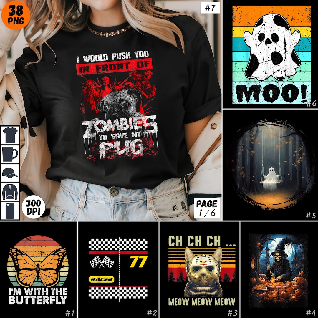 Butterfly Halloween PNG Bundle, Cute Pug Zombie Shirt, Witch in Forest ...