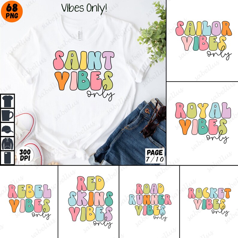 Groovy Retro Typography Vibes Only PNG Bundle: Badger Baron Black Bear Blue Devil Brave Bronco ...