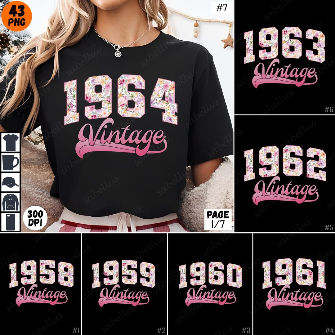 Vintage 1964 Classic PNG, Retro 1964 Floral Design, 1964 Birthday Shirt ...