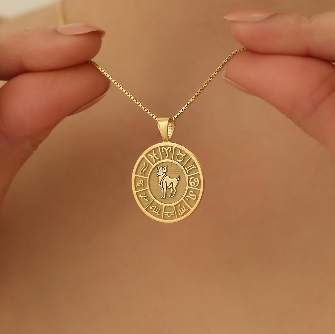Engraved Zodiac Sign Locket Necklace, Round Astrology Jewelry ...