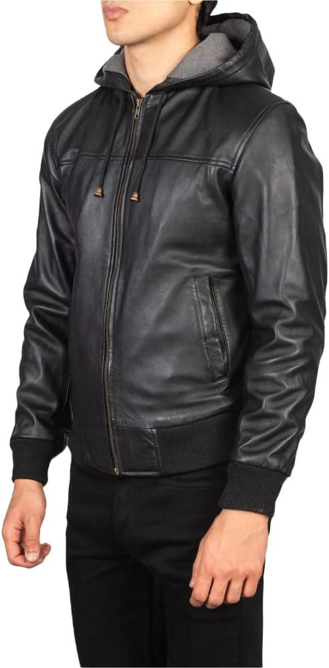 Mens Genuine Black Hooded Bomber Leather Jacket | Real Lambskin Leather ...