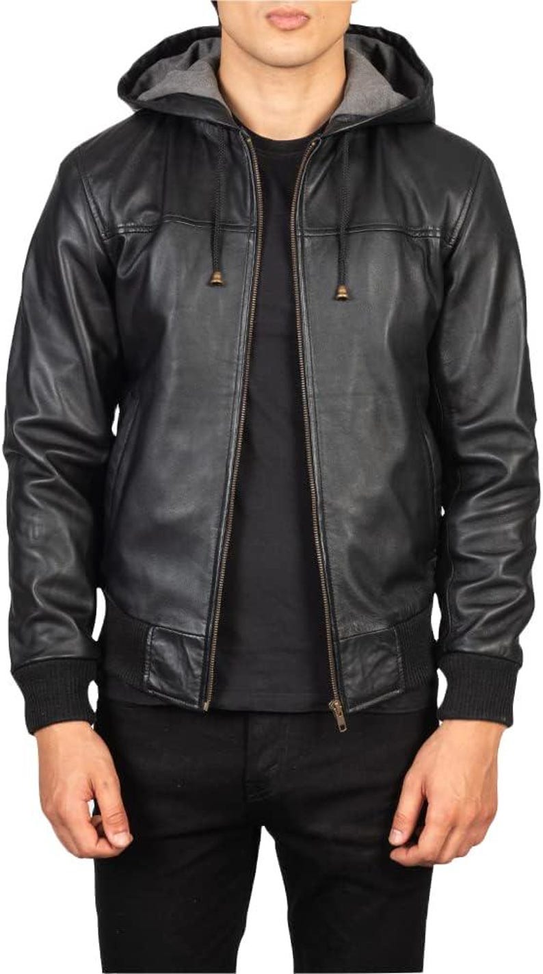 Mens Genuine Black Hooded Bomber Leather Jacket | Real Lambskin Leather ...