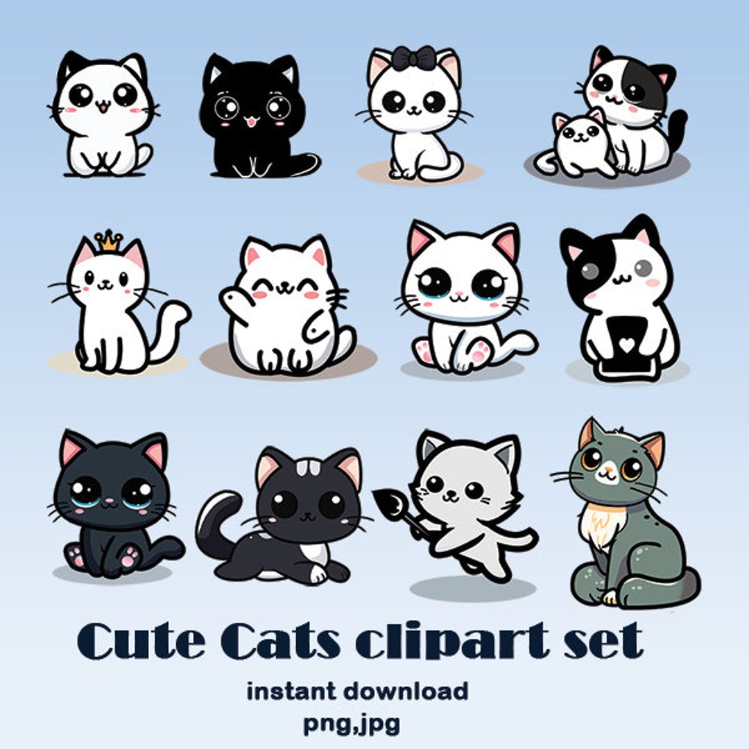 High Quality Clip Art Bundle,12 Cute Cats Png,cartoon Kitten Digital ...