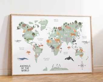Animals World Map, Kids Animal World Map Print, World Map Nursery ...