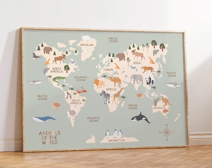 Animals World Map, Kids Animal World Map Print, World Map Nursery ...