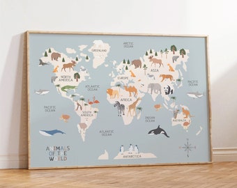 Animals World Map, Kids Animal World Map Print, World Map Nursery ...