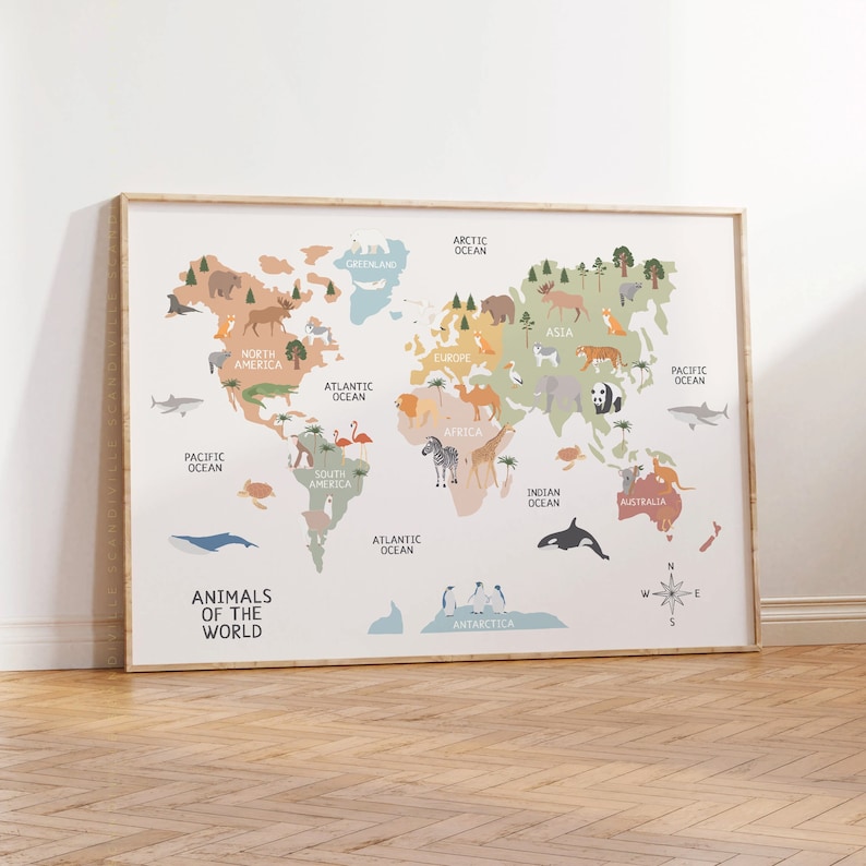 Kids Animal World Map Print, Educational Nursery Art (digital Download ...