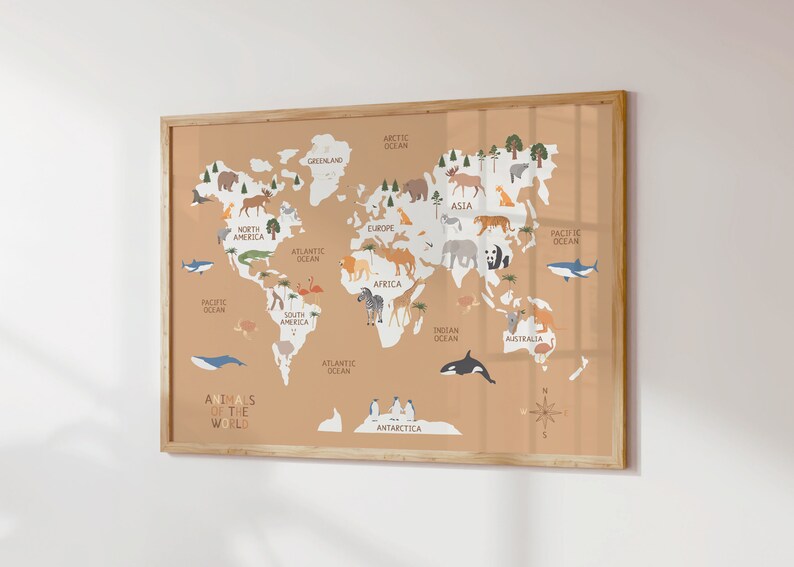 Animals World Map, Kids Animal World Map Print, World Map Nursery ...