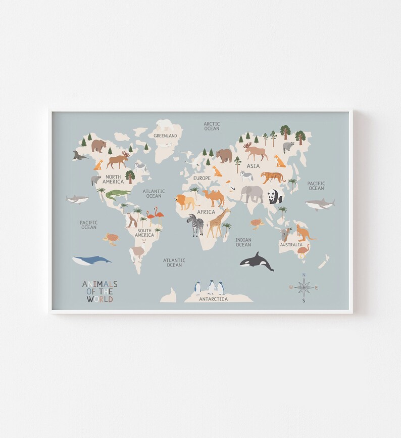 Animals World Map, Kids Animal World Map Print, World Map Nursery ...