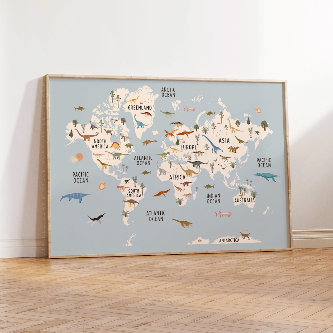 Dinosaur World Map Print, Dinosaur Wall Art, Dinosaurs of the World ...
